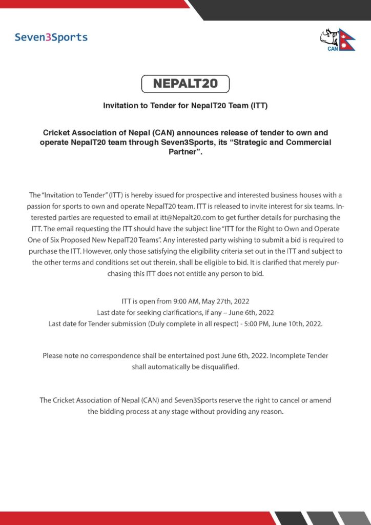 Cricket Association of Nepal (CAN) announces release of tender to own ...